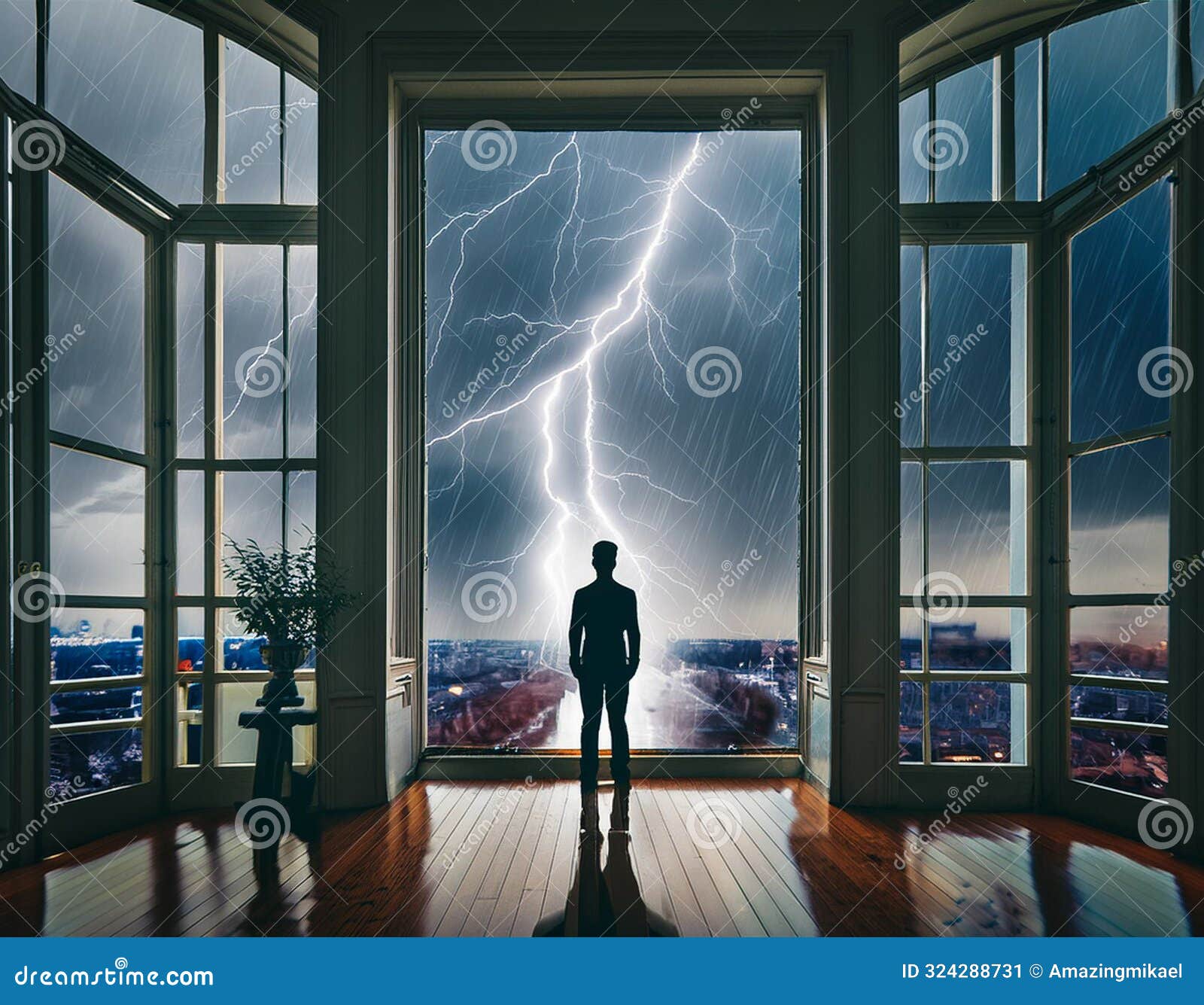 Silhouette of Man Gazing at Thunderstorm through Window Stock Image ...