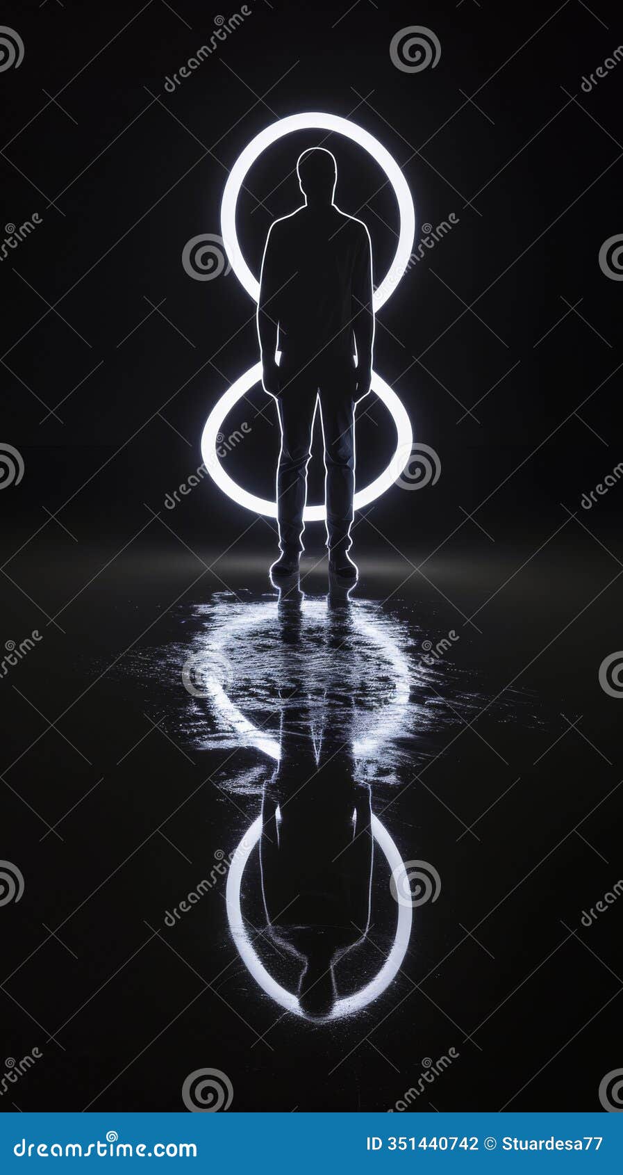 Silhouette of a Man with Glowing Infinity Loops Stock Photo - Image of ...