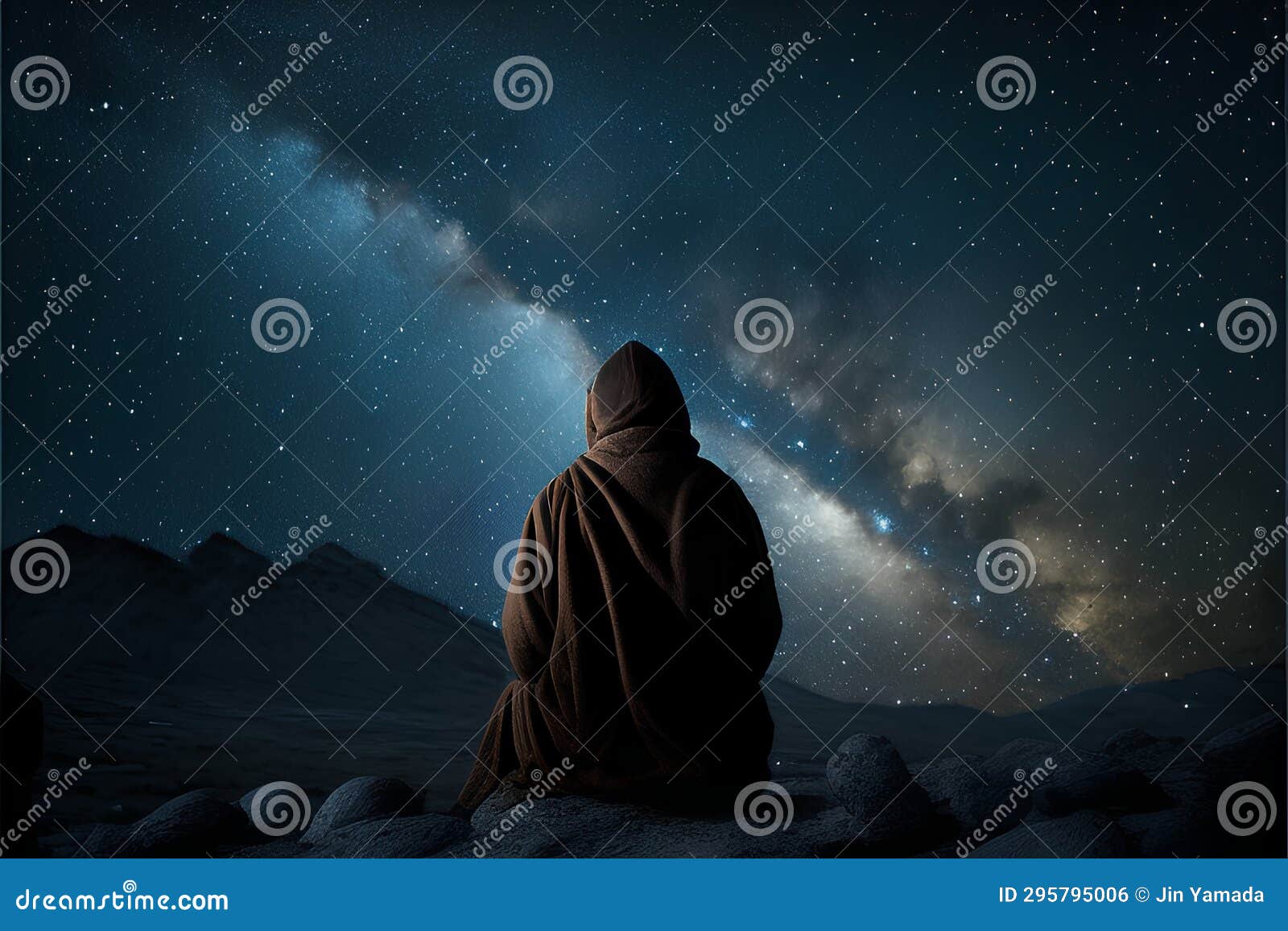 Silhouette of Man with Hood Looking at Night Starry Sky Stock ...