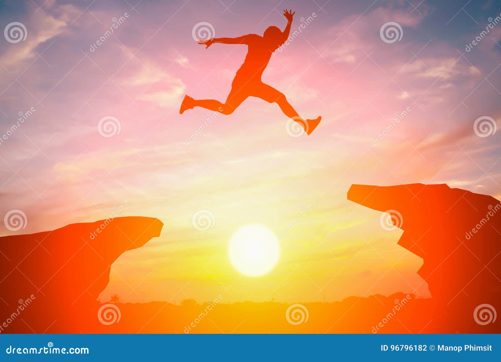 Silhouette of Man Jump Over the Cliff Stock Photo - Image of lane ...