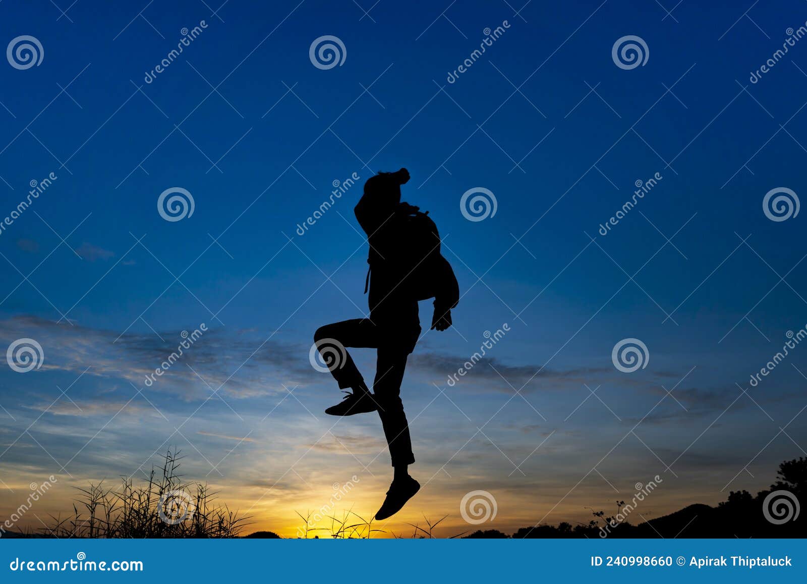 Silhouette Man Jump of Sunset Sky Stock Photo - Image of happiness ...