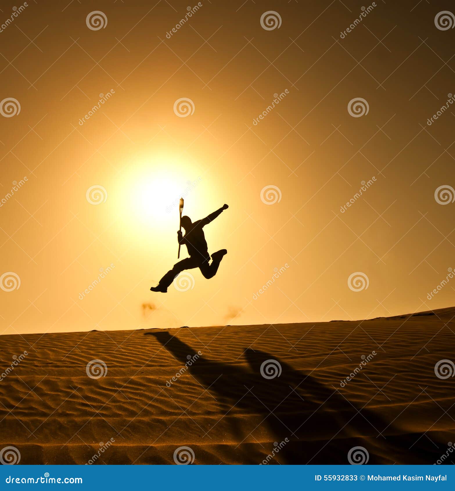Silhouette of a Man Jumping with Arrow in Hand Stock Image - Image of ...