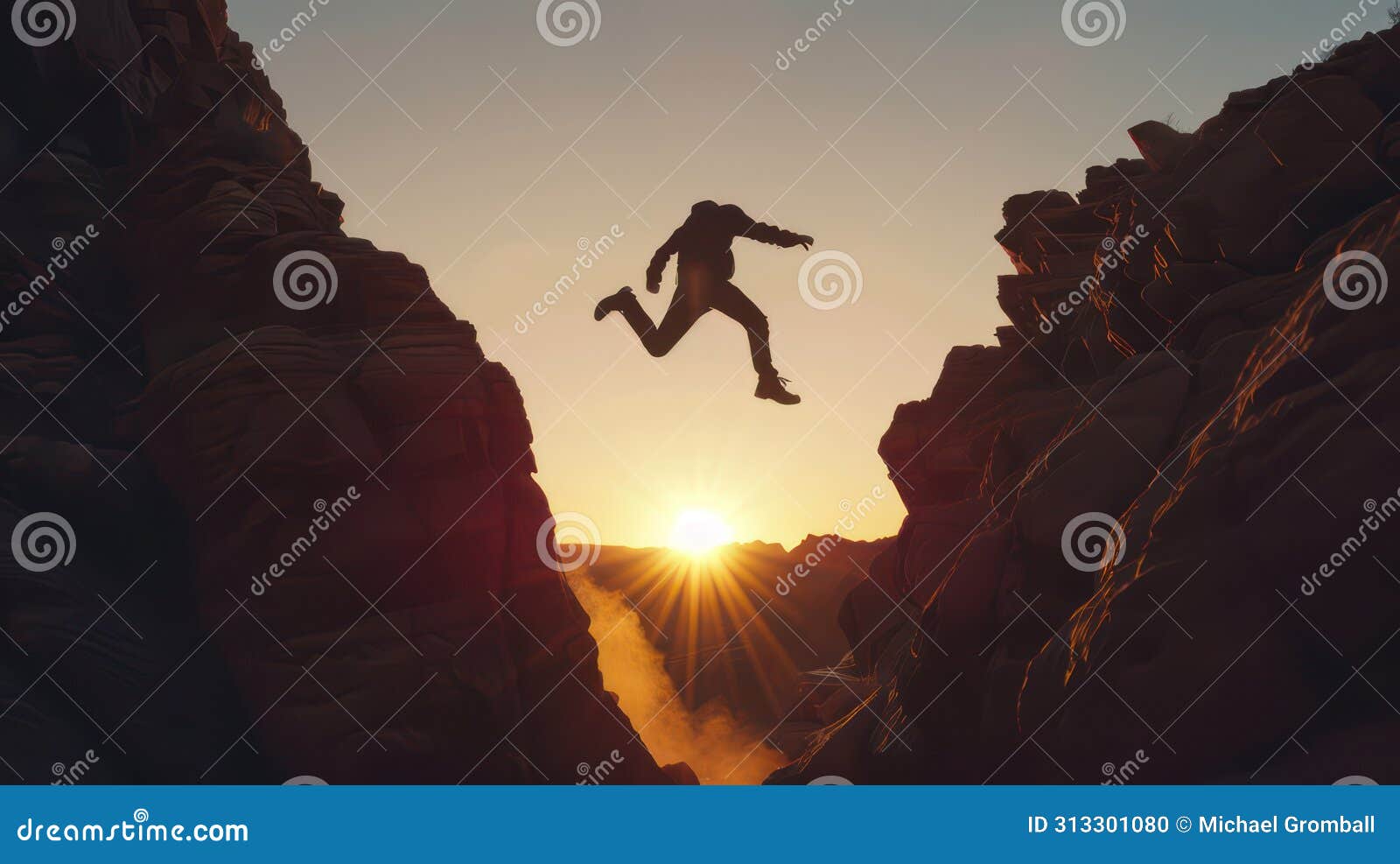 Silhouette of a Man Jumping Over a Crevasse with a Big Step between Two ...