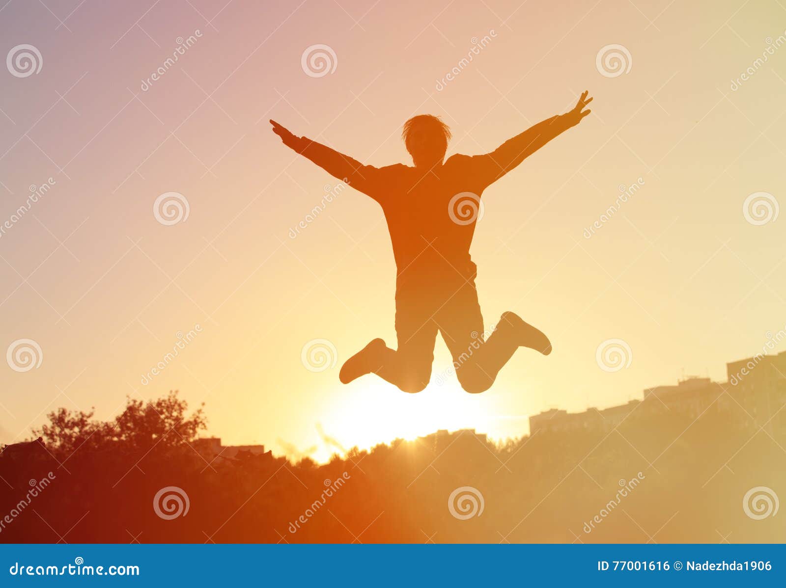 Silhouette of Man Jumping at Sunset Sky, Happiness Stock Photo - Image ...
