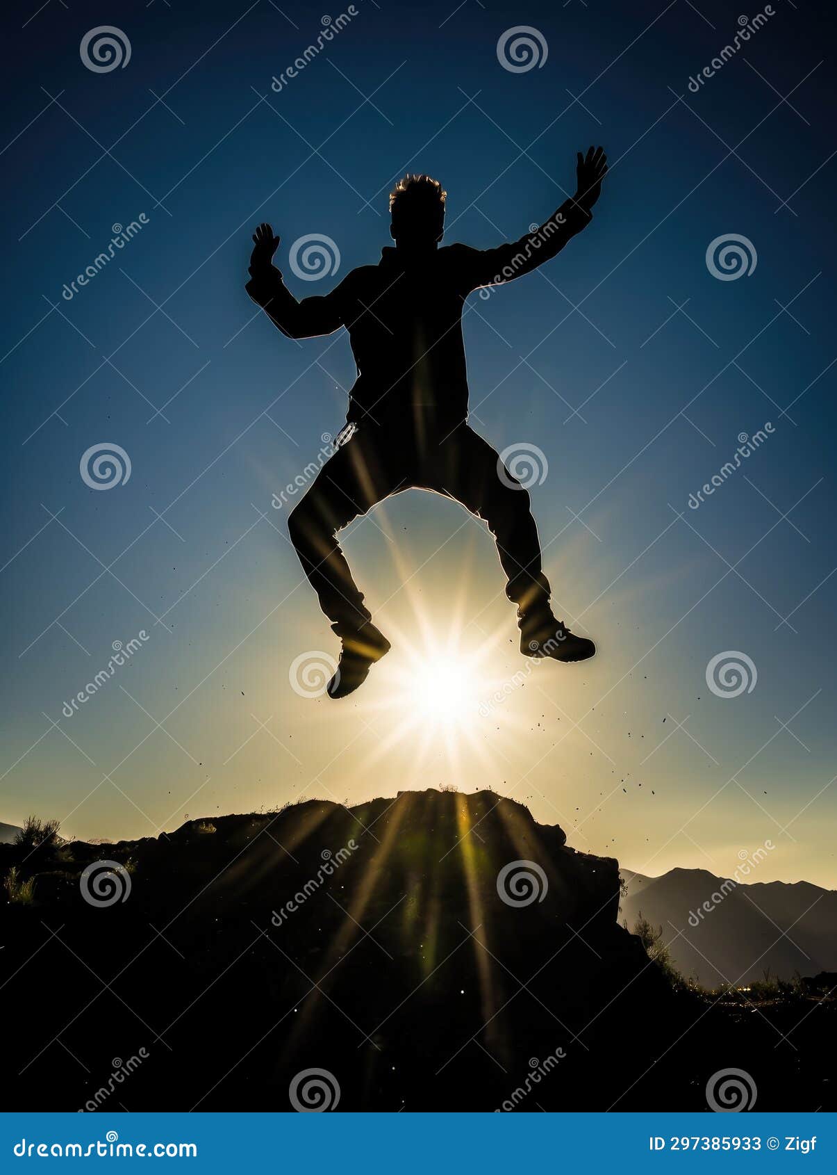 Silhouette of a Man Jumping on Top of a Mountain Stock Illustration ...