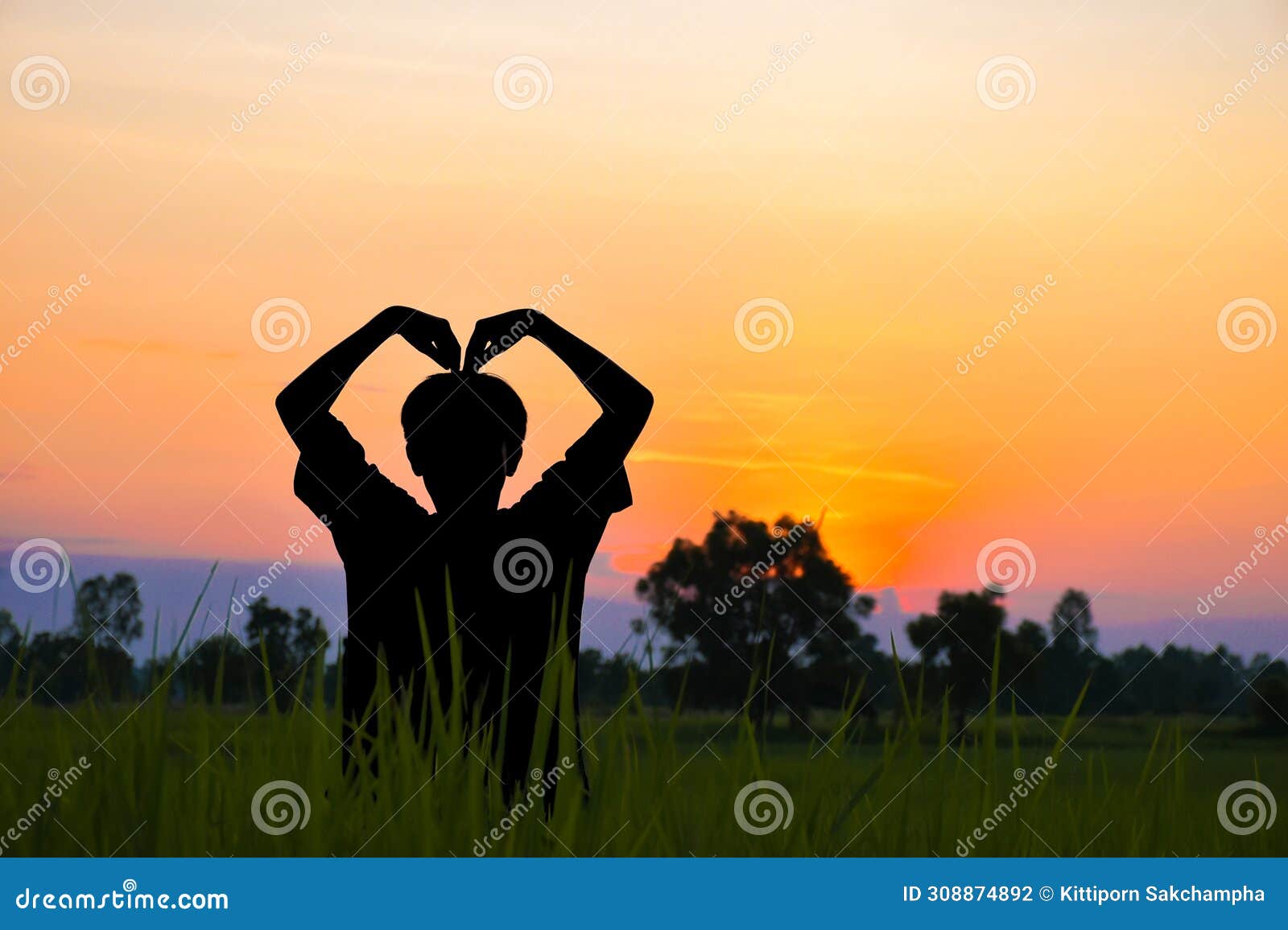 Silhouette of a Man Making a Heart Shape with His Hands in Beautiful ...