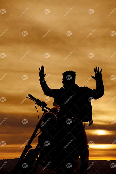 Silhouette of a Man on a Motorcycle Hands Up Stock Photo - Image of ...