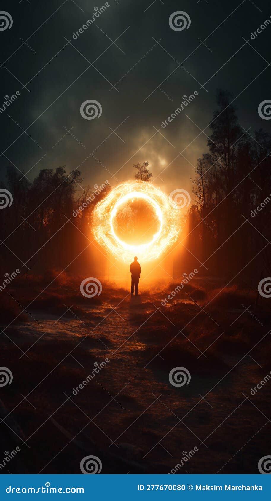 Mystical Glowing Neon Creepy Triangle Or Portal Over Water Or Lake In ...