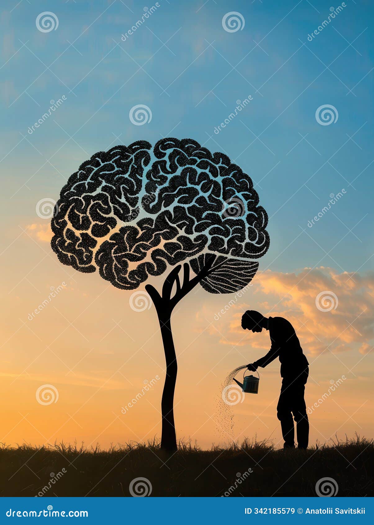 A Silhouette of a Man Nurturing a Tree Shaped Like a Brain at Sunset ...