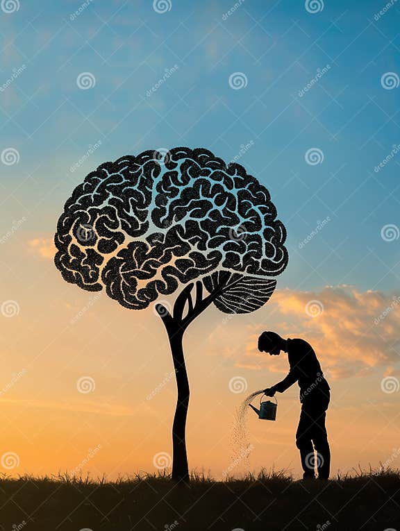 A Silhouette of a Man Nurturing a Tree Shaped Like a Brain at Sunset ...