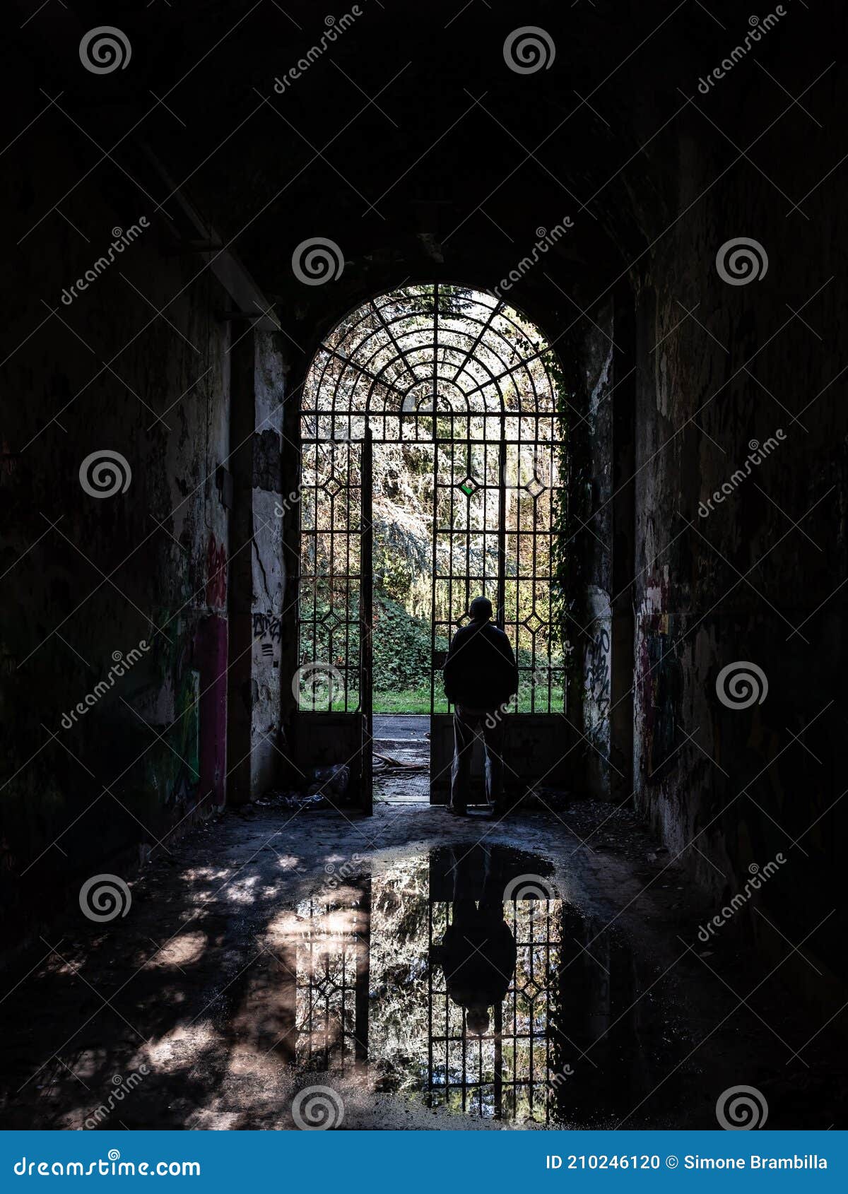 Silhouette of a Man Observing the Outside World Looking from the Grate ...