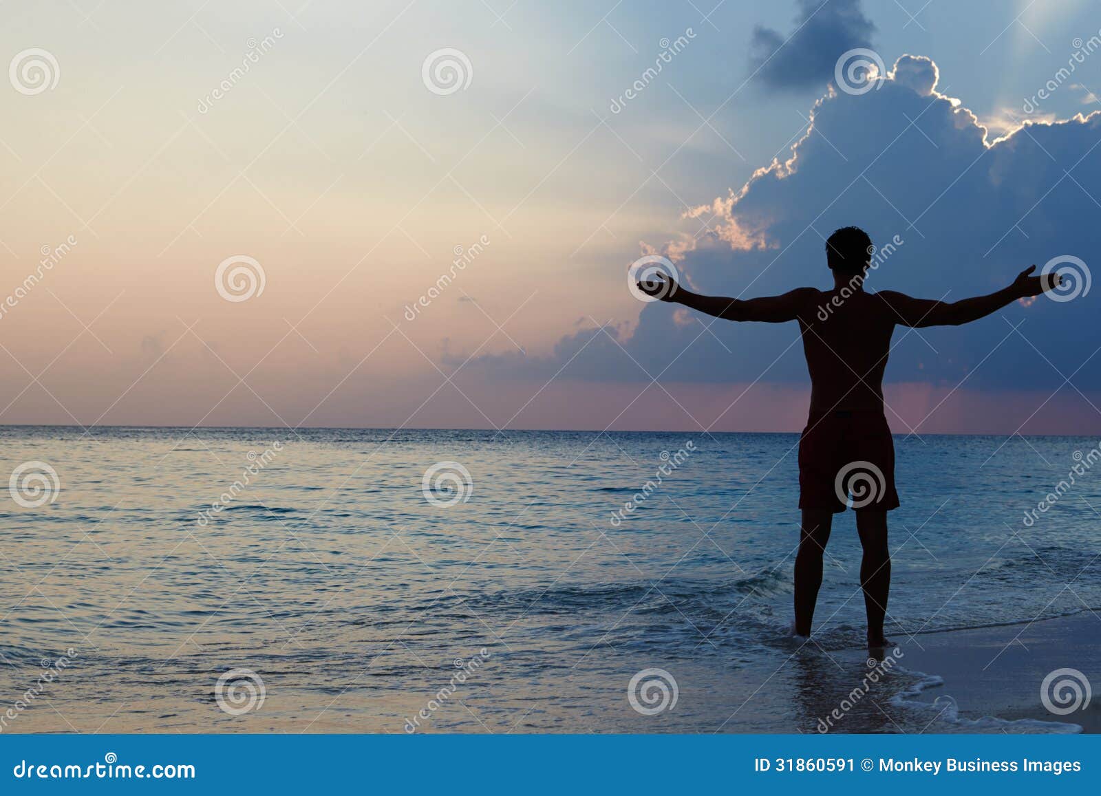 Silhouette of Man with Outstretched Arms on Beach Stock Image - Image ...
