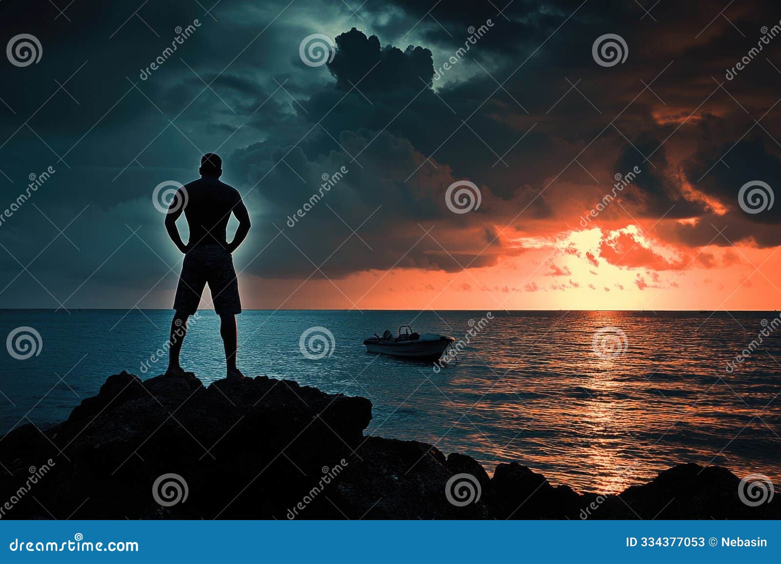 Silhouette of a Man Overlooking a Sunset Beach with Boat in the Ocean ...