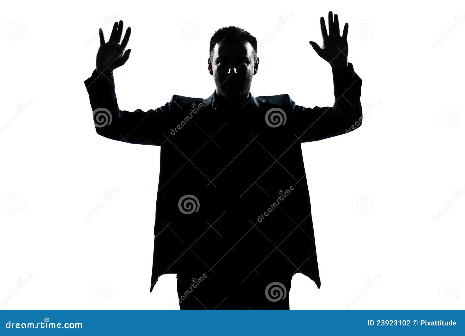Silhouette Man Portrait Hands Up Stock Photo - Image of looking, white ...