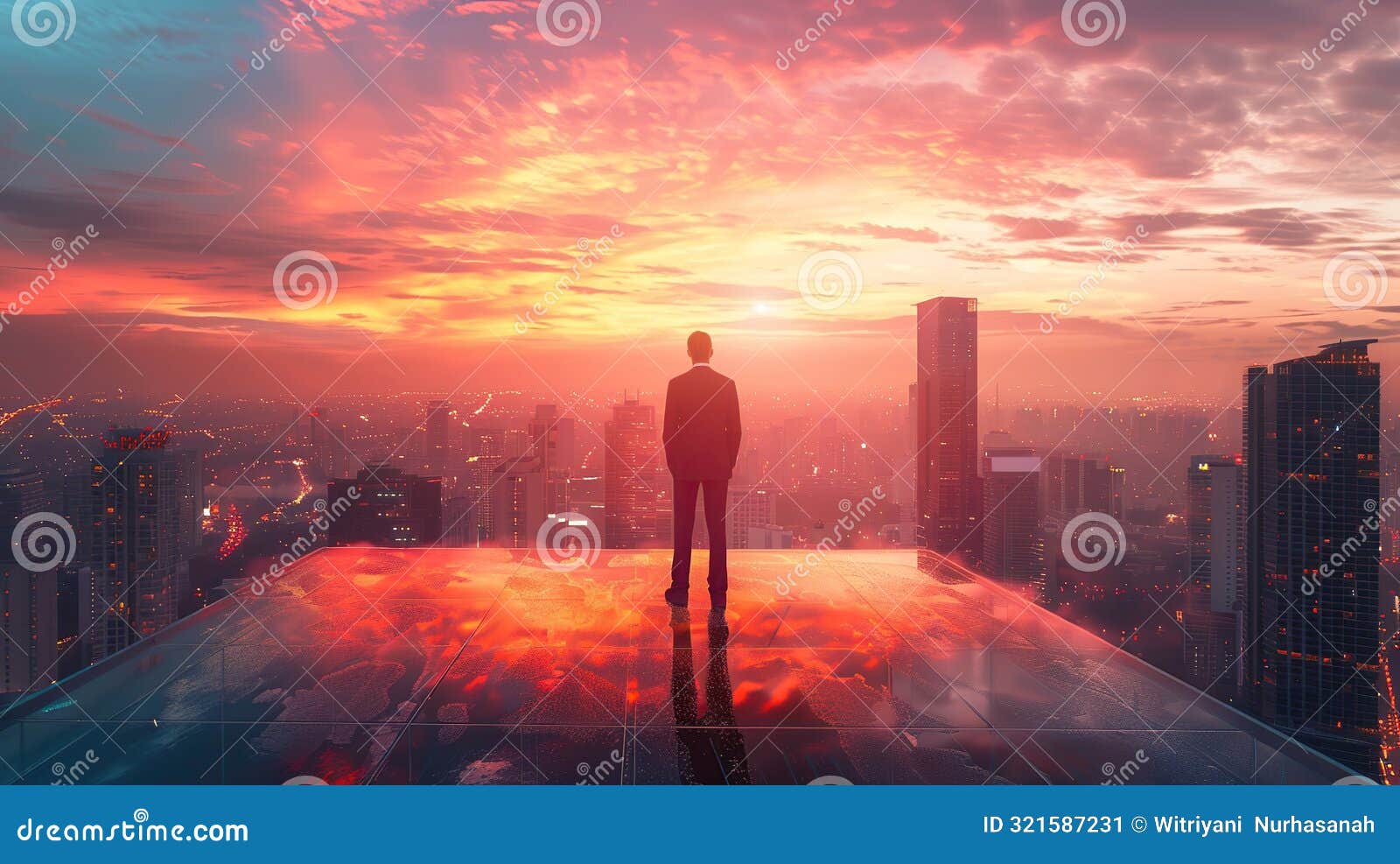 Silhouette of a Man on a Rooftop with a Cityscape at Sunset. AI ...