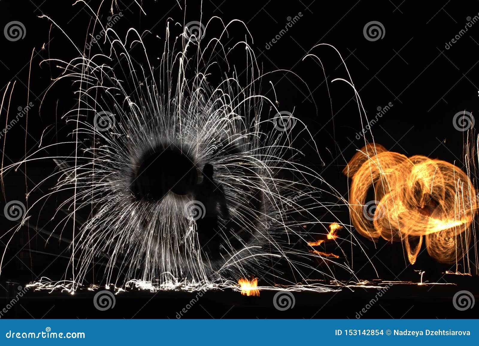 Silhouette of a Man Rotating a Pyrotechnic Torch Stock Photo - Image of ...