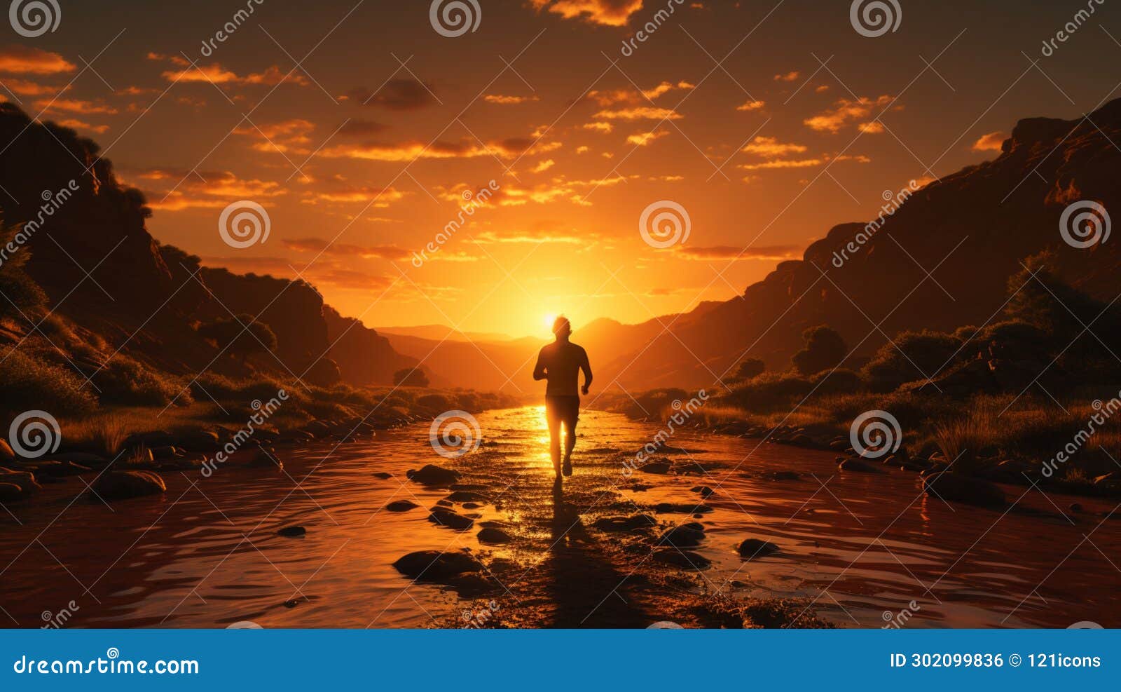 Silhouette Man Running Alone at Beautiful Sunset in Beach Stock ...
