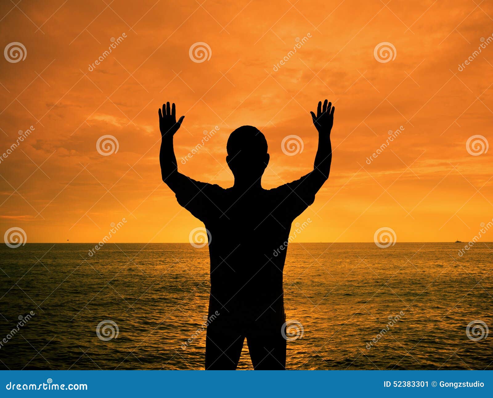 Silhouette Man Show Two Hands Up in the Air Stock Image - Image of ...