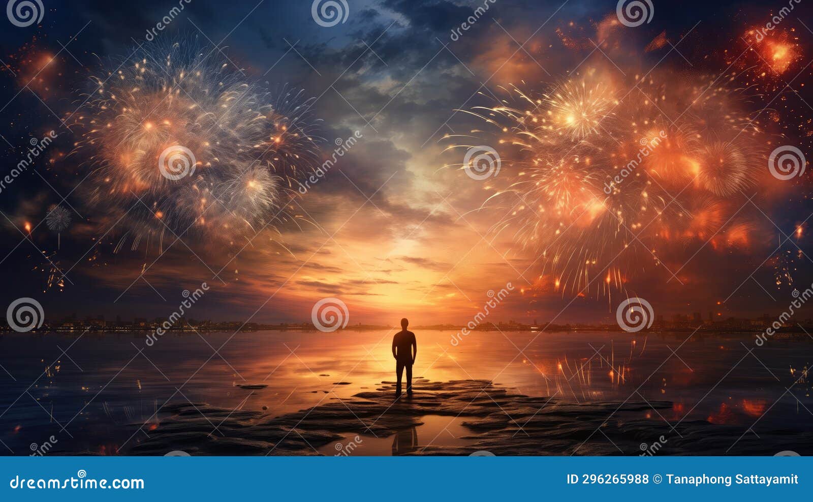 Silhouette of a Man Standing on the Edge of the River and Watching ...