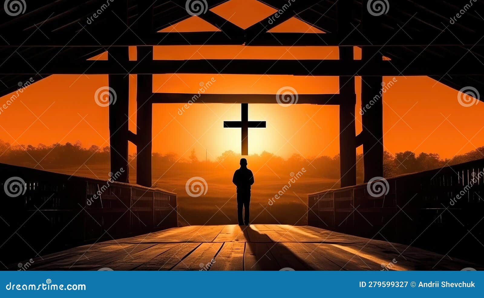 Silhouette of a Man Standing in Front of a Cross at Sunset. Generative ...