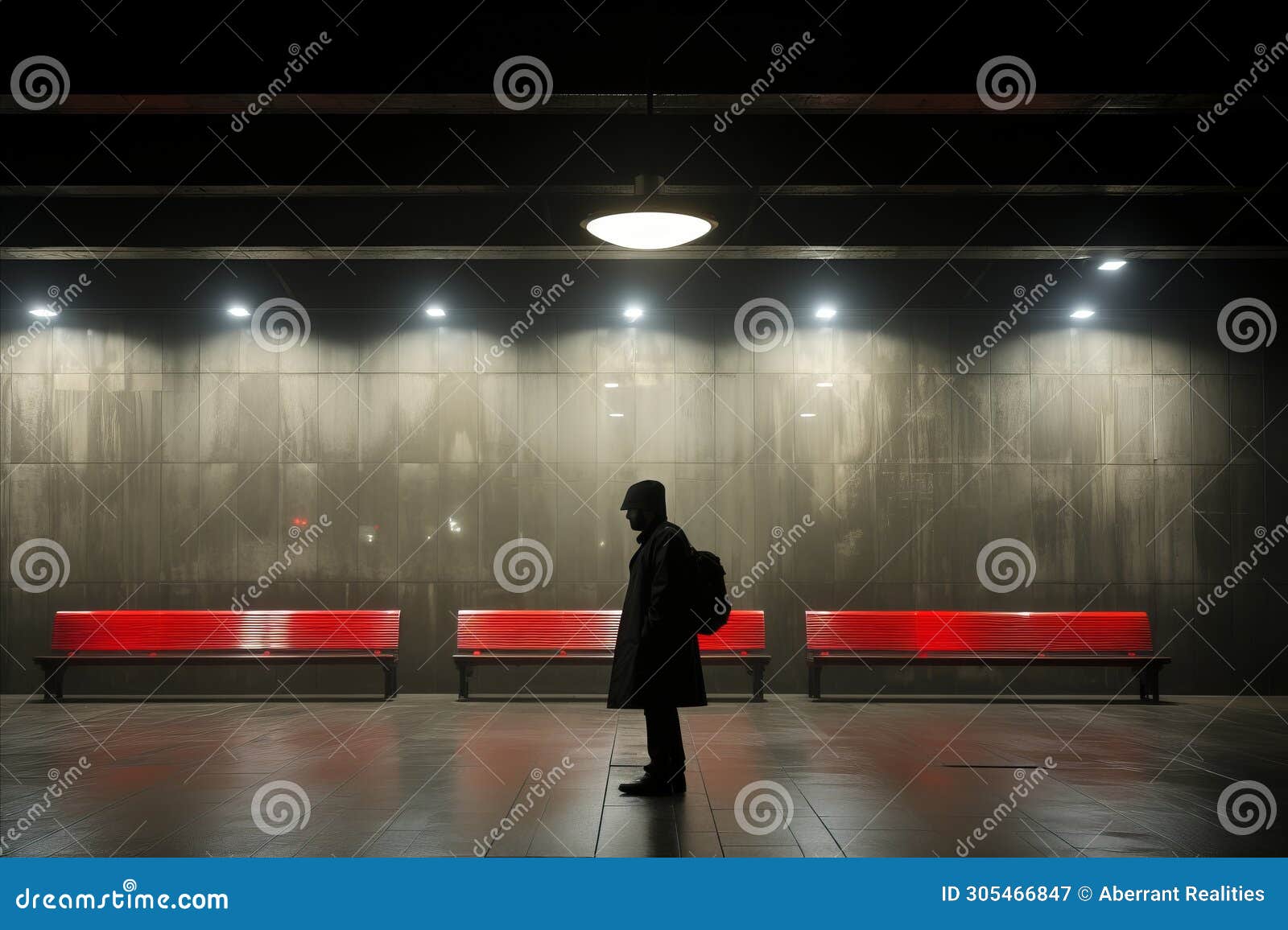 Silhouette of a Man Standing in Front of Red Benches at Night Stock ...