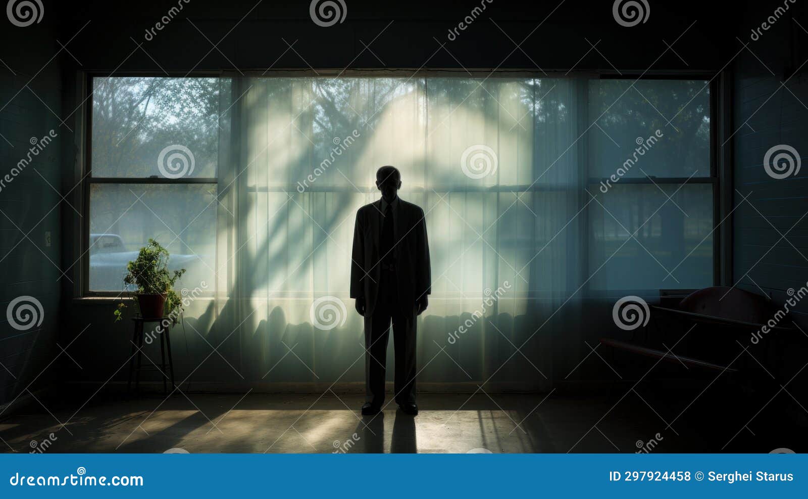 A Silhouette of a Man Standing in Front of the Window, AI Stock Photo ...