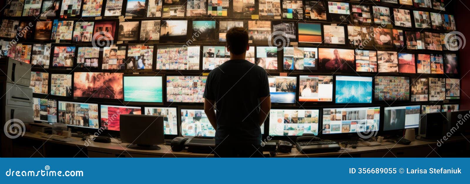 Silhouette Man Standing Before Multiple Tv Screens Displaying Blue Lit ...
