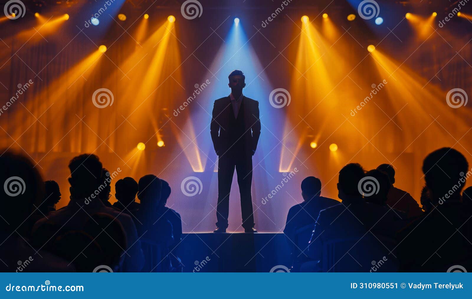 Silhouette of Man Standing on Stage with Crowd in the Background Stock ...