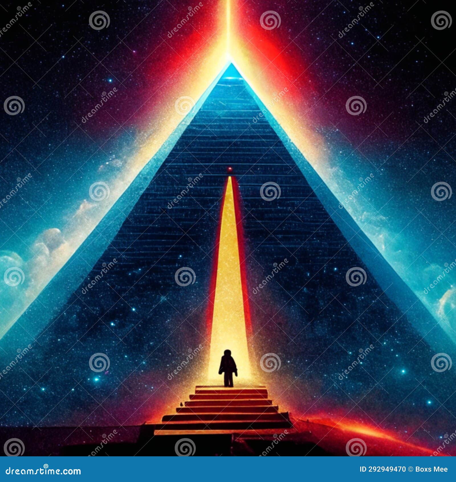 Silhouette of a Man Standing on the Stairs in Front of the Pyramid. 3d ...
