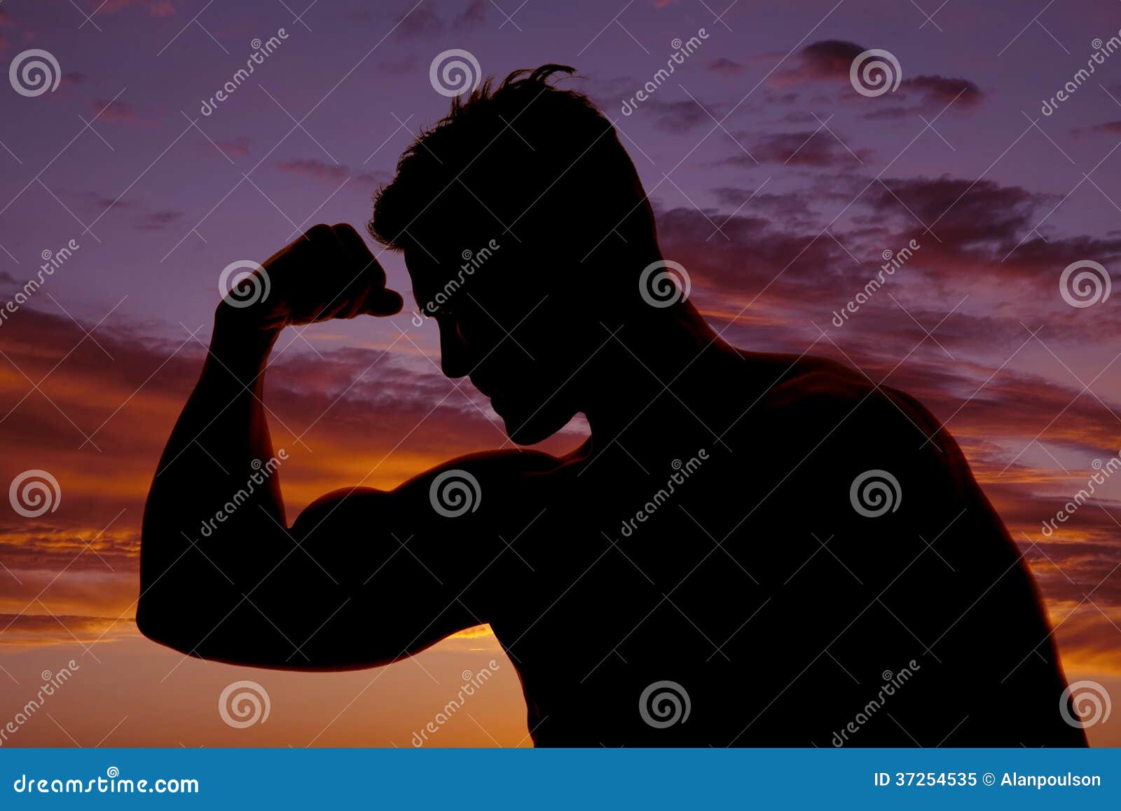 Silhouette of a Man in Sunset Flexing One Arm Stock Image - Image of ...