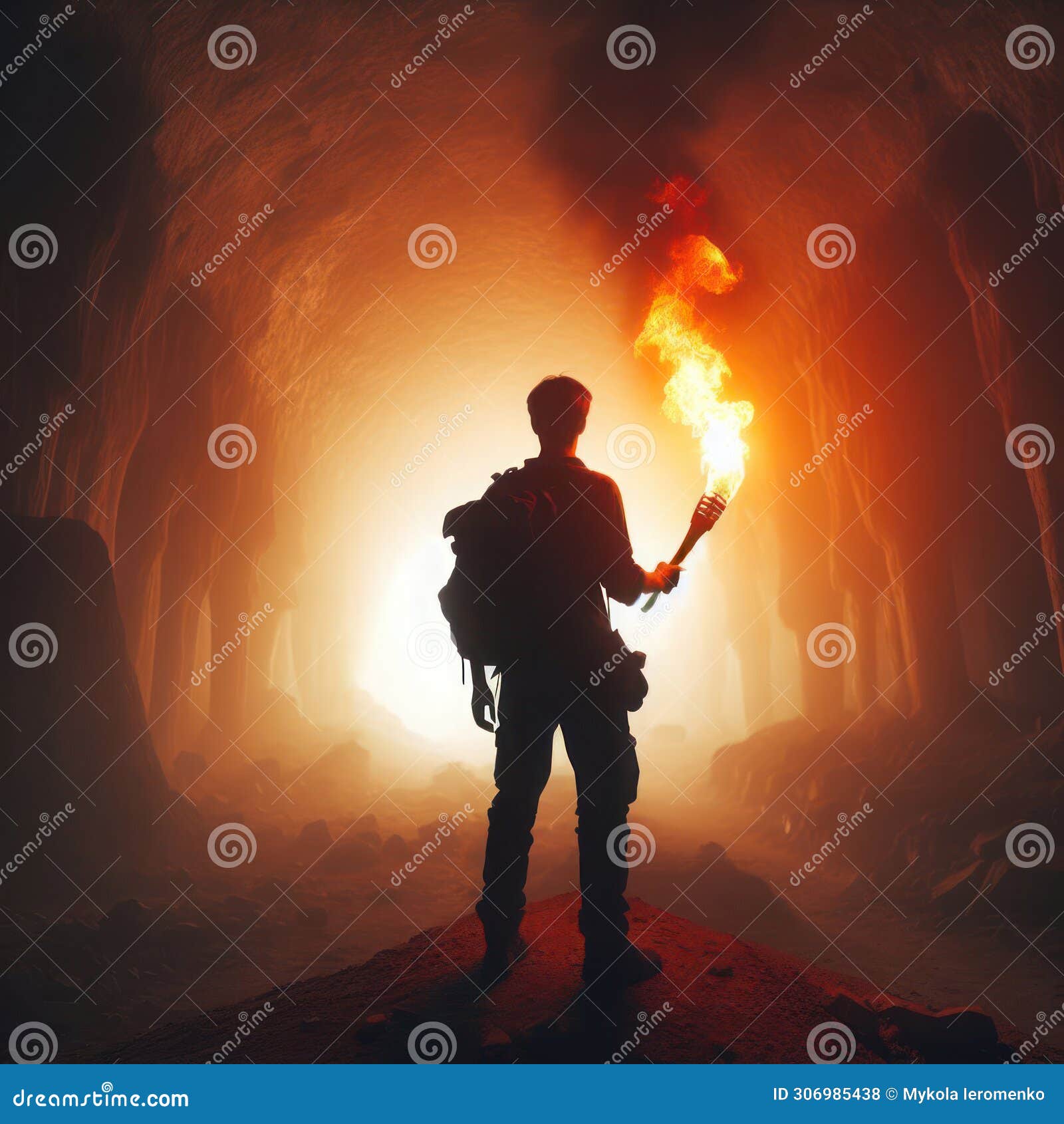Silhouette of a Man with a Torch in a Cave. Stock Photo - Image of ...