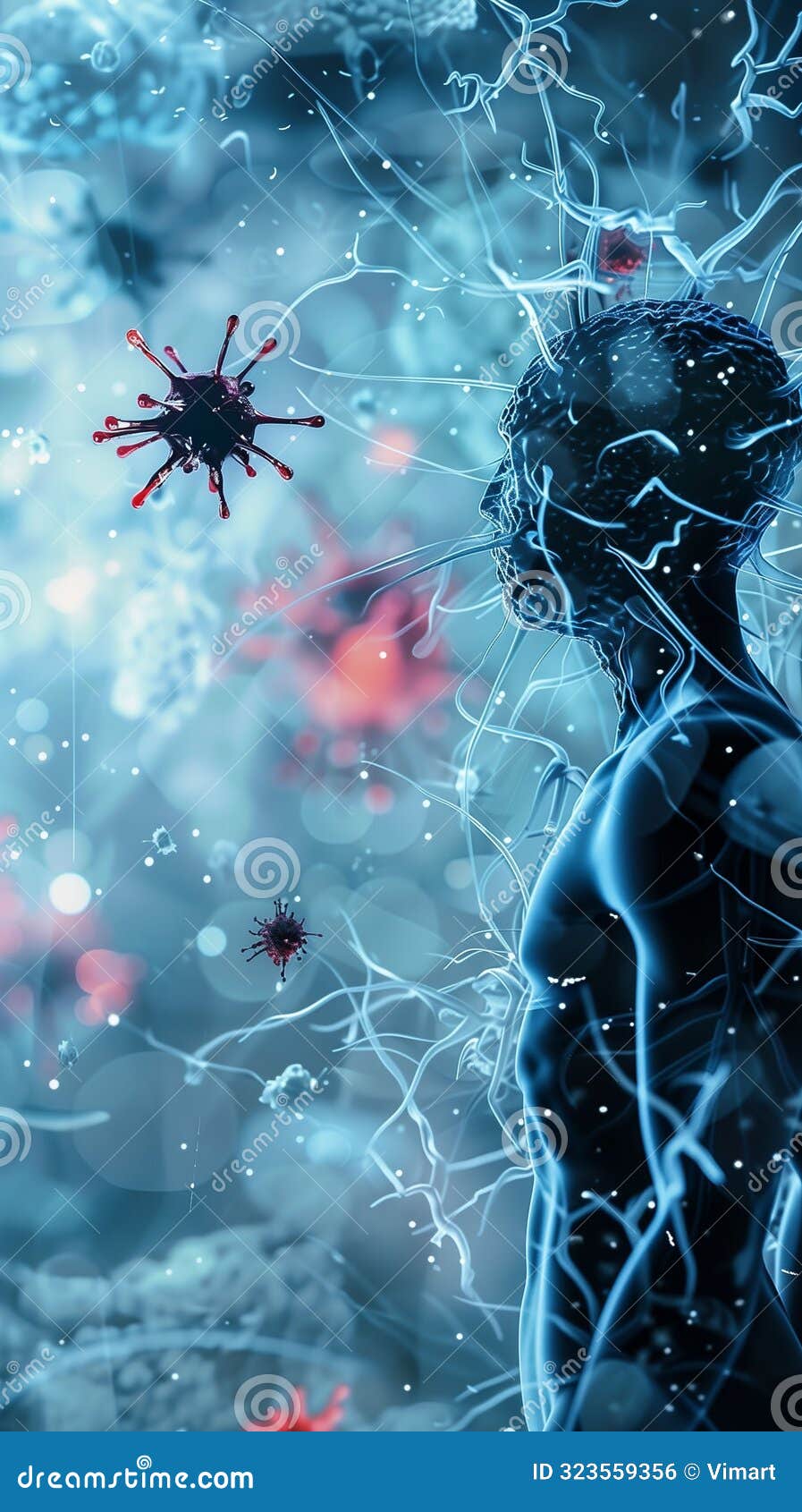 Silhouette of a Man with Viruses Around. Close Up of 3d Microscopic ...