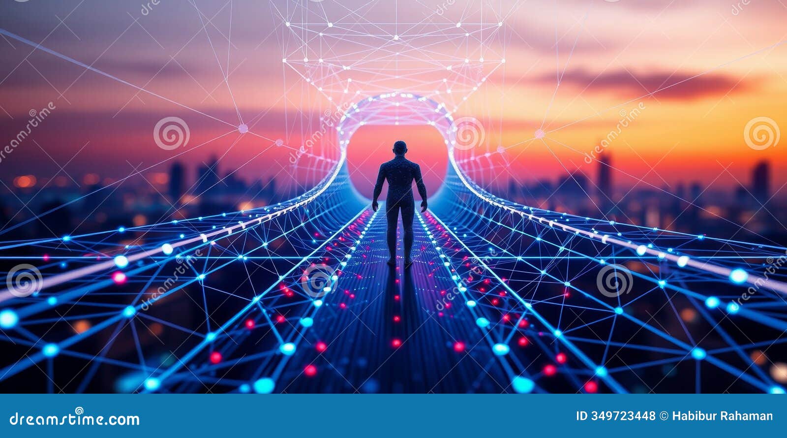 Silhouette of a Man Walking on a Bridge of Digital Connections Stock ...