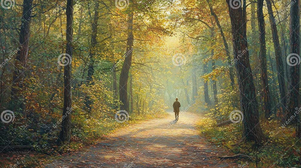 Silhouette of a Man Walking Down a Path in a Forest Sunlight Beams ...