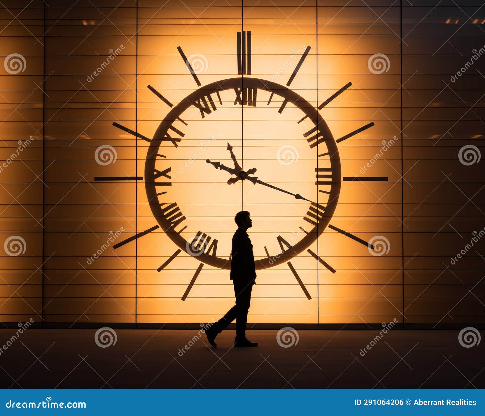 A Silhouette of a Man Walking in Front of a Large Clock Stock ...