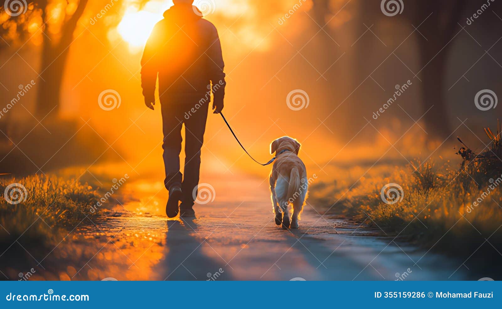 Silhouette of a Man Walking His Dog on a Path at Sunrise Stock Photo ...
