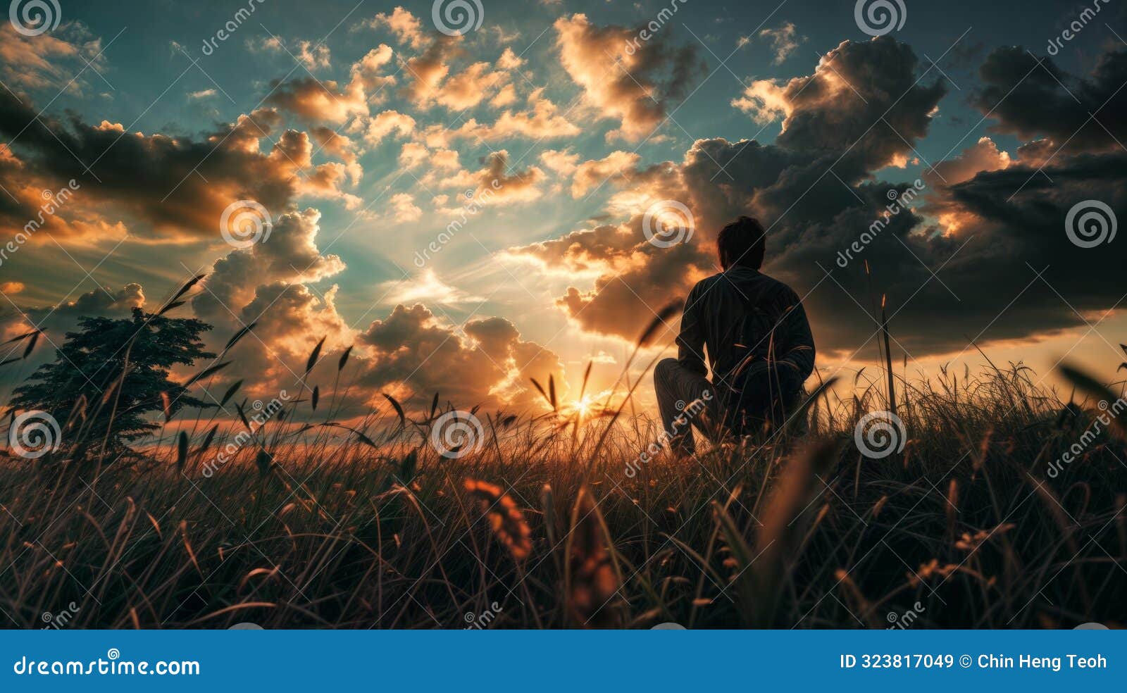 Silhouette of Man Watching Dramatic Sunset in Field Stock Image - Image ...