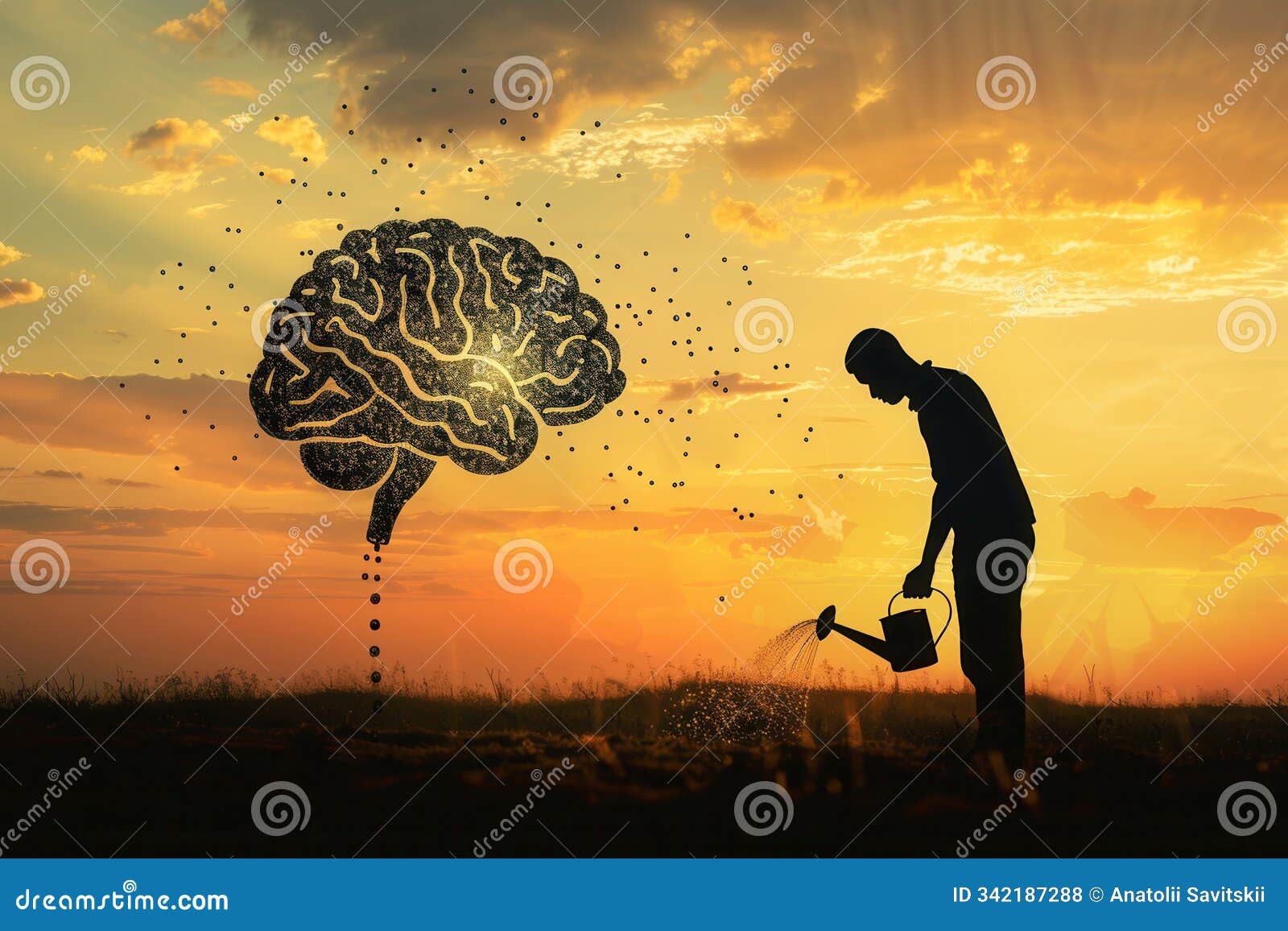 A Silhouette of a Man Waters a Tree that Resembles a Human Brain ...