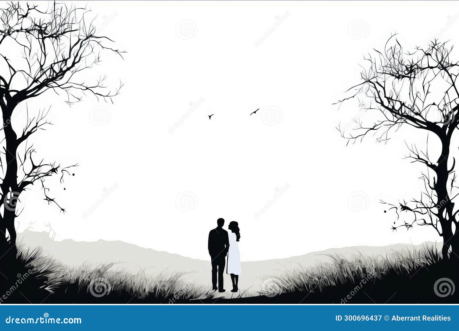 Silhouette Of A Man And Woman Standing In Front Of Trees Stock