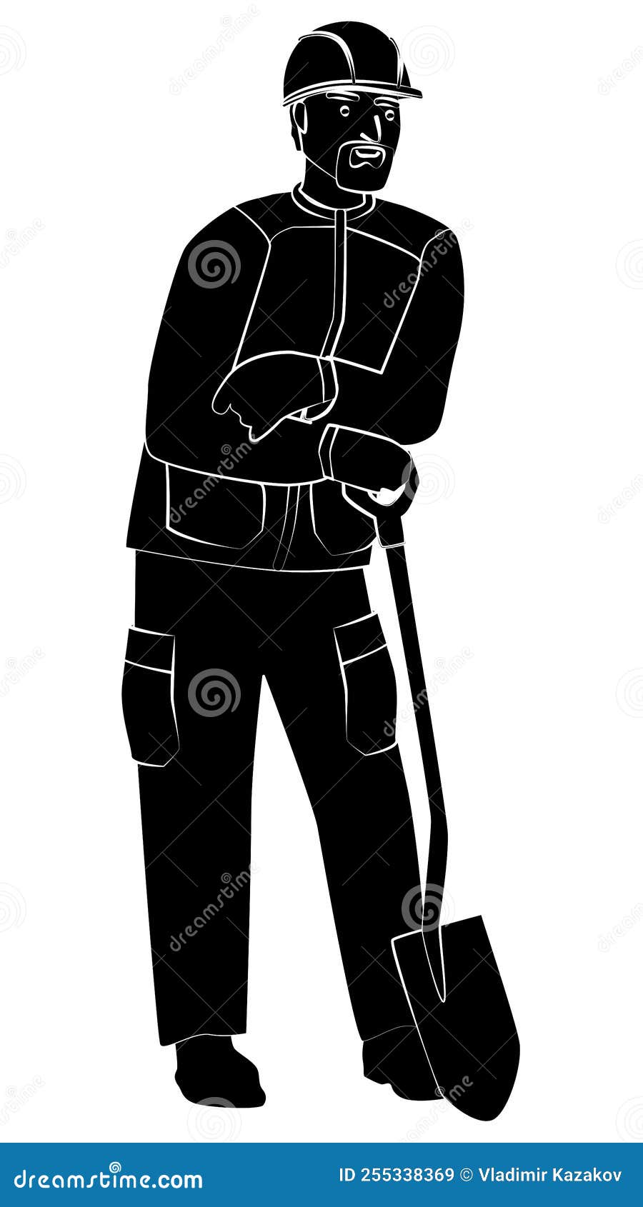Silhouette of Man in Work Clothes and Hard Hat Stands Leaning on Shovel ...