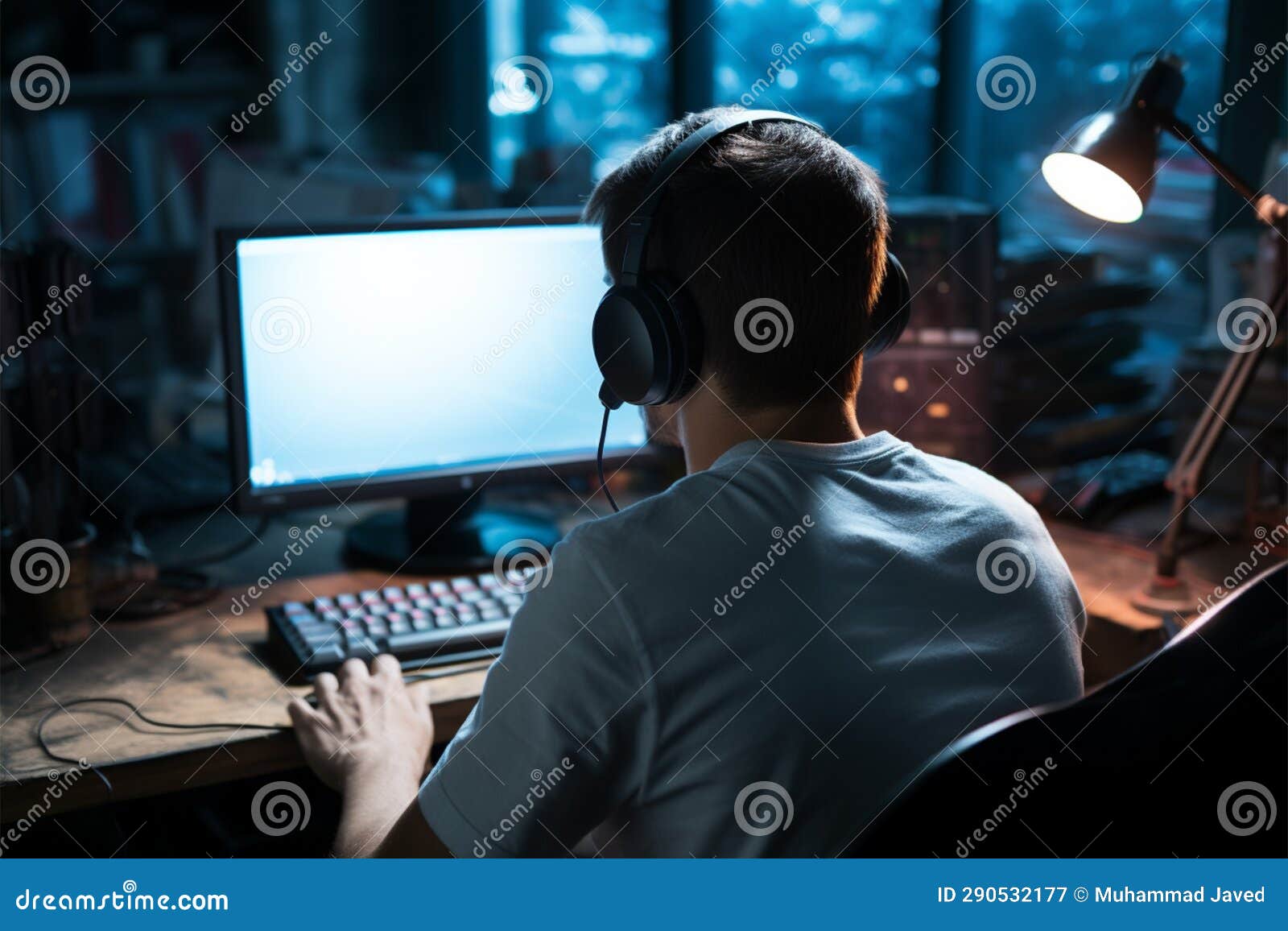 Silhouette of a Man Working on a Computer, Facing Away Stock ...
