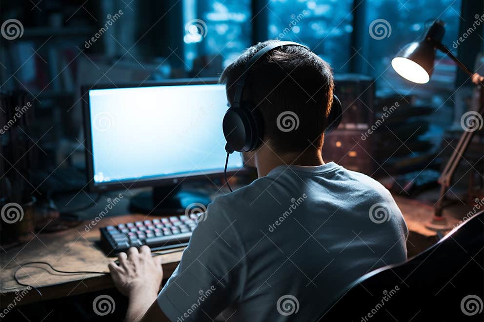Silhouette of a Man Working on a Computer, Facing Away Stock ...