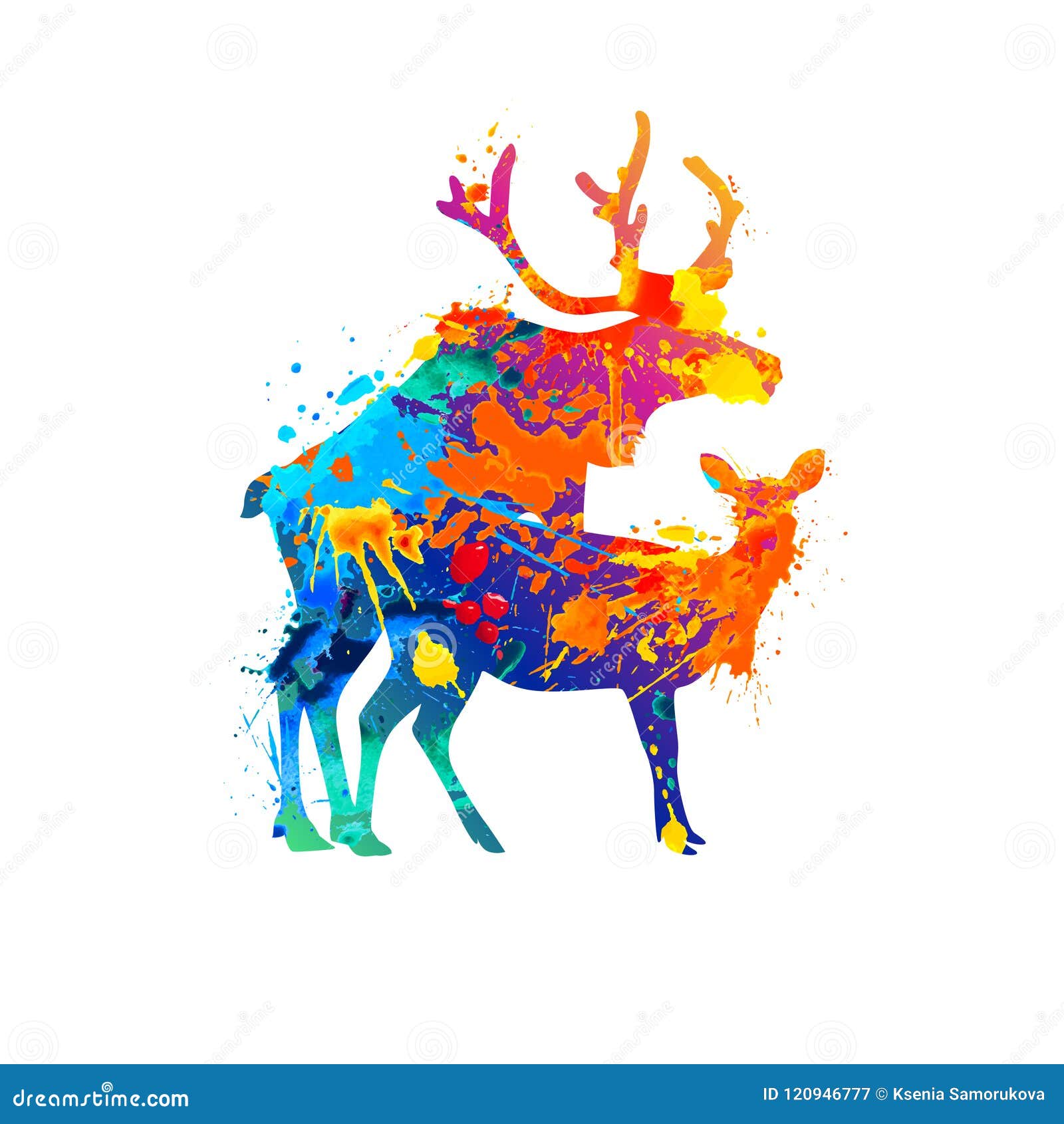Silhouette of Mating Deers. Splash Paint Stock Vector - Illustration of ...