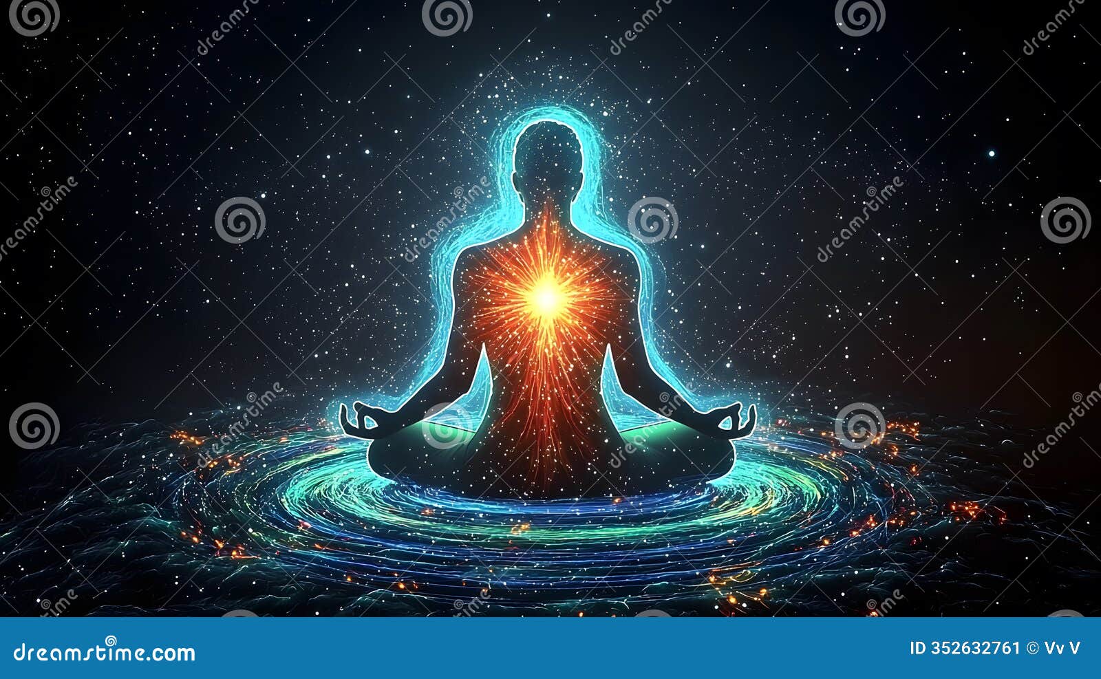 Silhouette of a Meditating Figure Radiating Light Stock Illustration ...