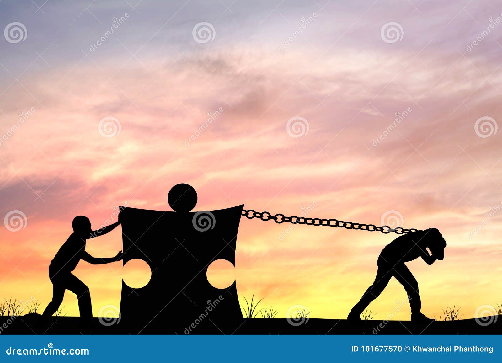 Silhouette of Men Helping Push and Pull Puzzle, Concept As Teamwork and ...