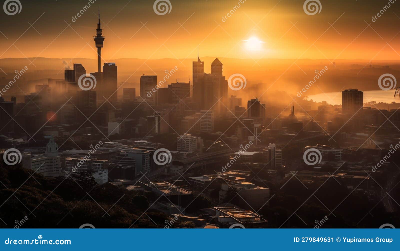 Silhouette of Modern City Skyline at Dawn, High Up View Generated by AI ...