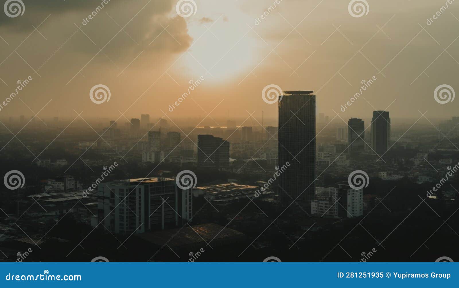 Silhouette of Modern City Skyline at Dusk, Backlit by Sunset Generated ...