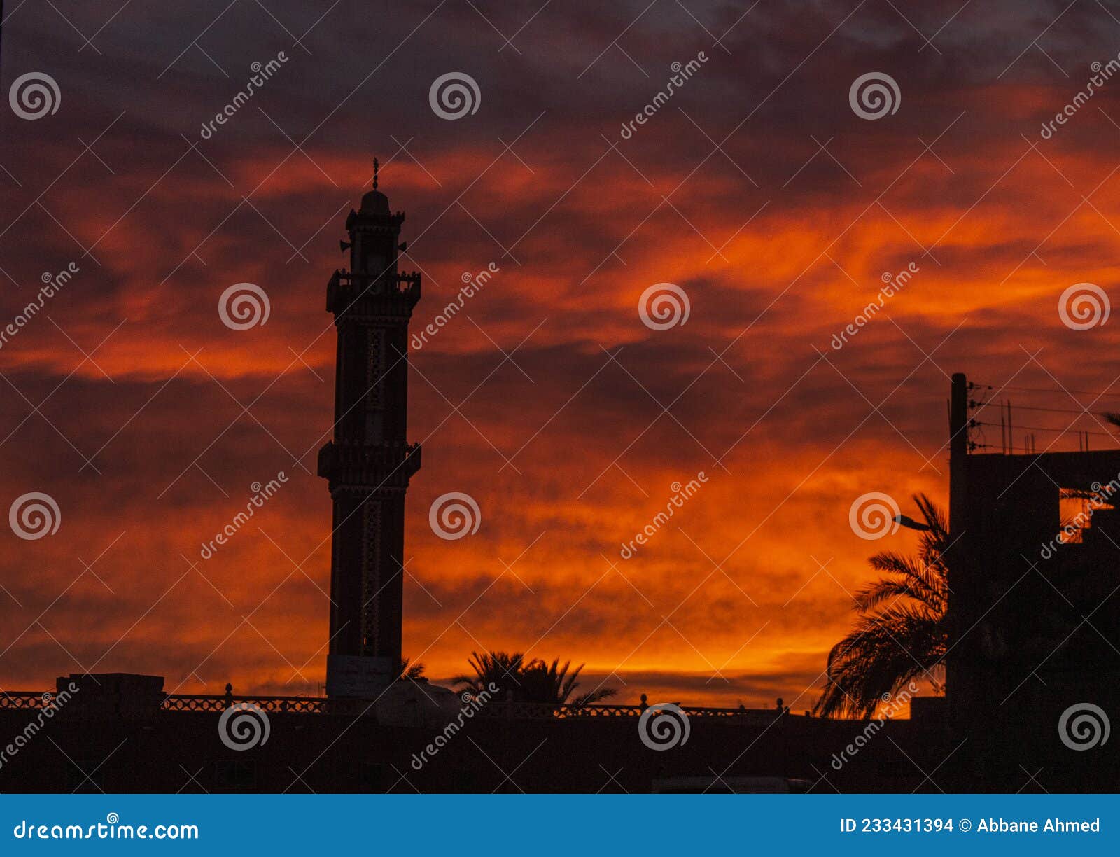 Silhouette Mosque Minaret with Red Sky Stock Photo - Image of africa ...