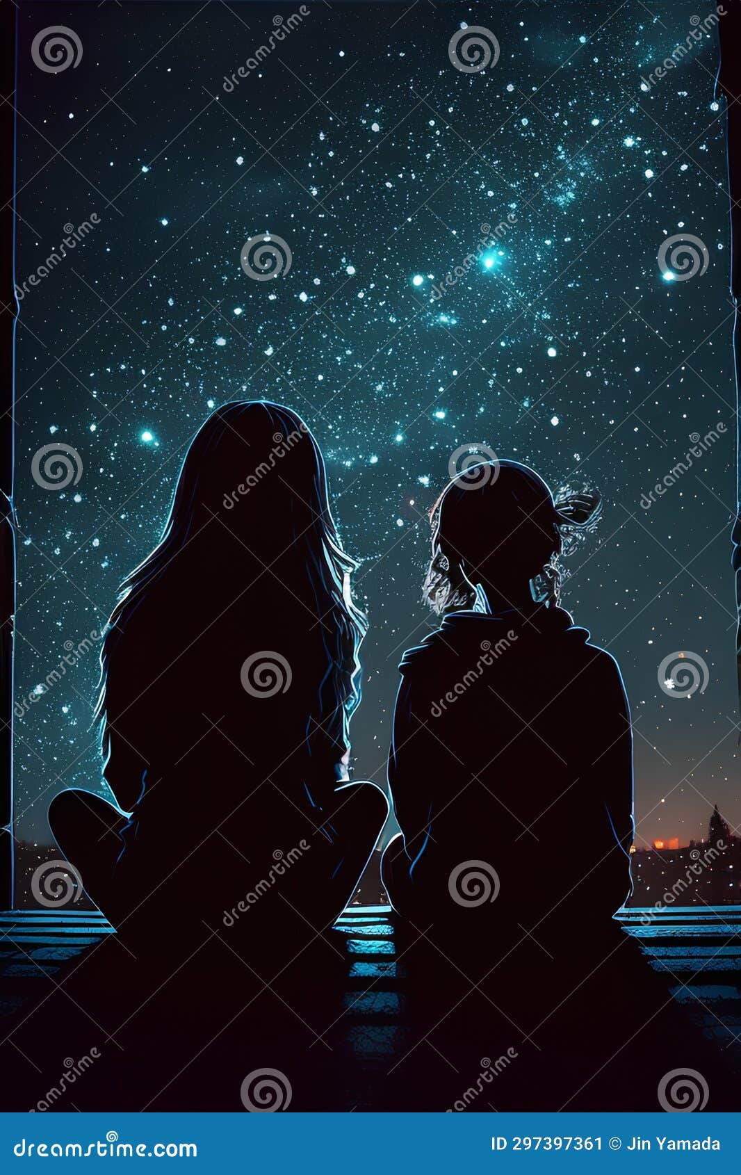 Silhouette of Mother and Daughter Looking at the Starry Sky Stock ...