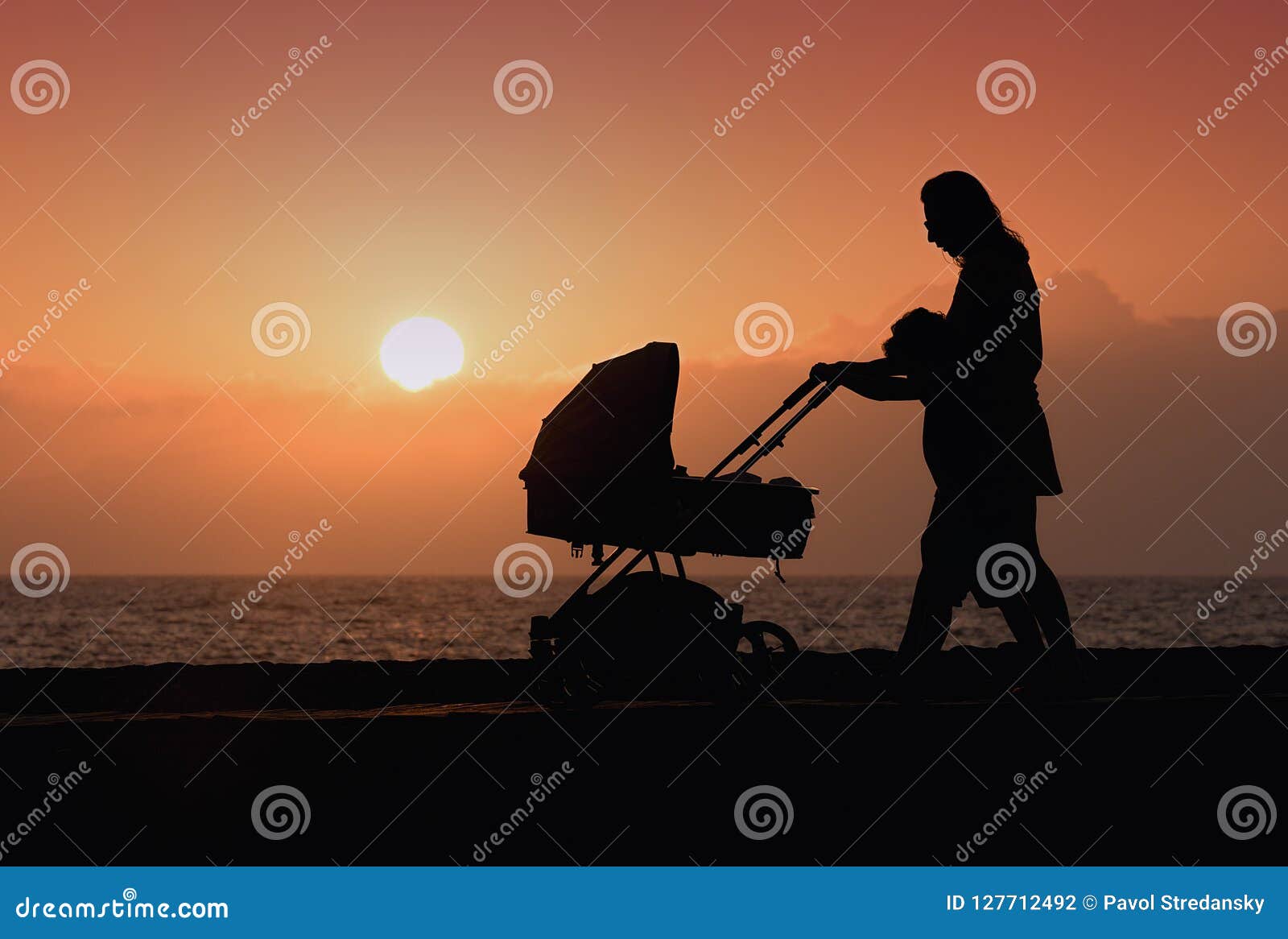 Silhouette Mother Pulling Baby Stroller Stock Photo - Image of ...